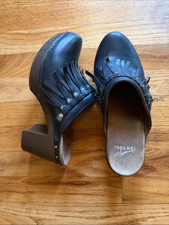 Dansko | Shoes | Dansko Black Leather Fringe Clog Mules | Poshmark